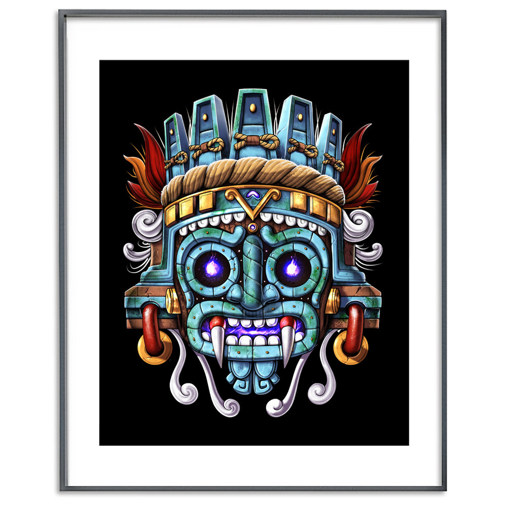 Aztec Mythology God Tlaloc Mask Art Print - Serpent Sun