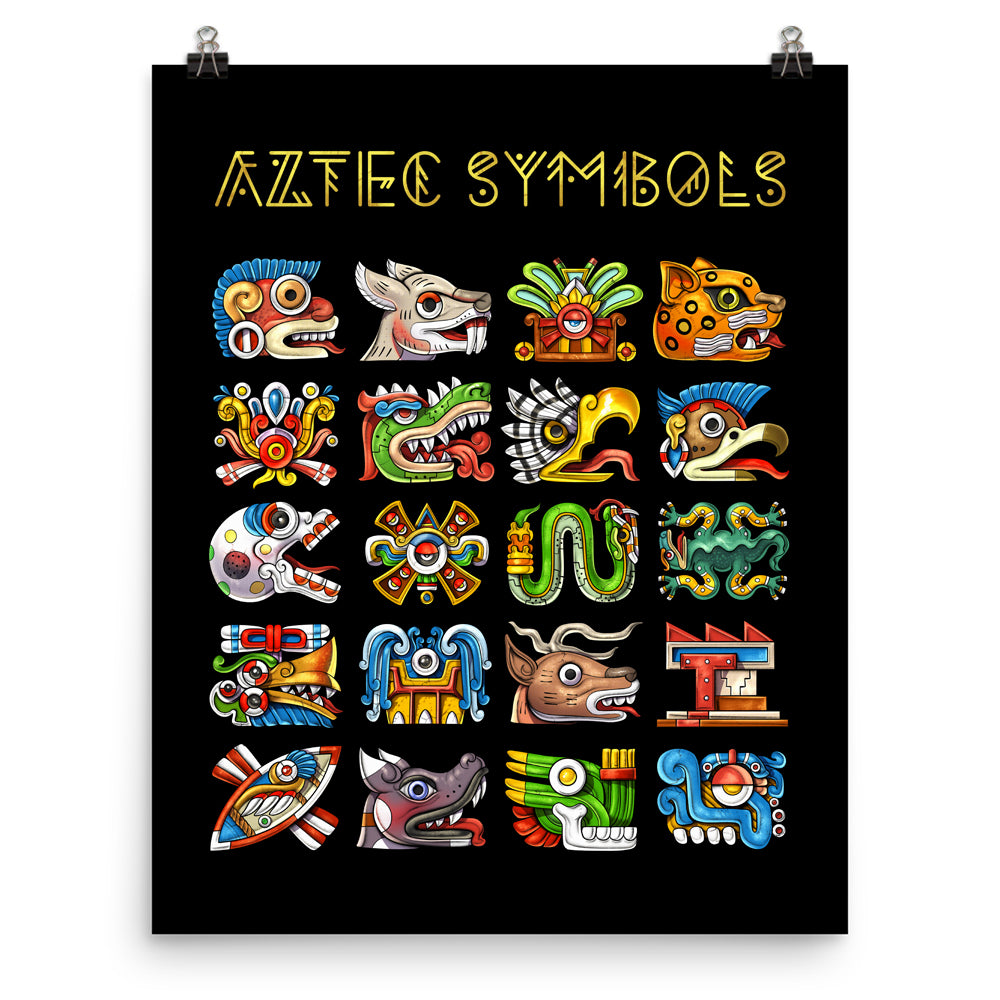 Ancient Aztec Symbols Mayan Glyphs Art Print - Serpent Sun