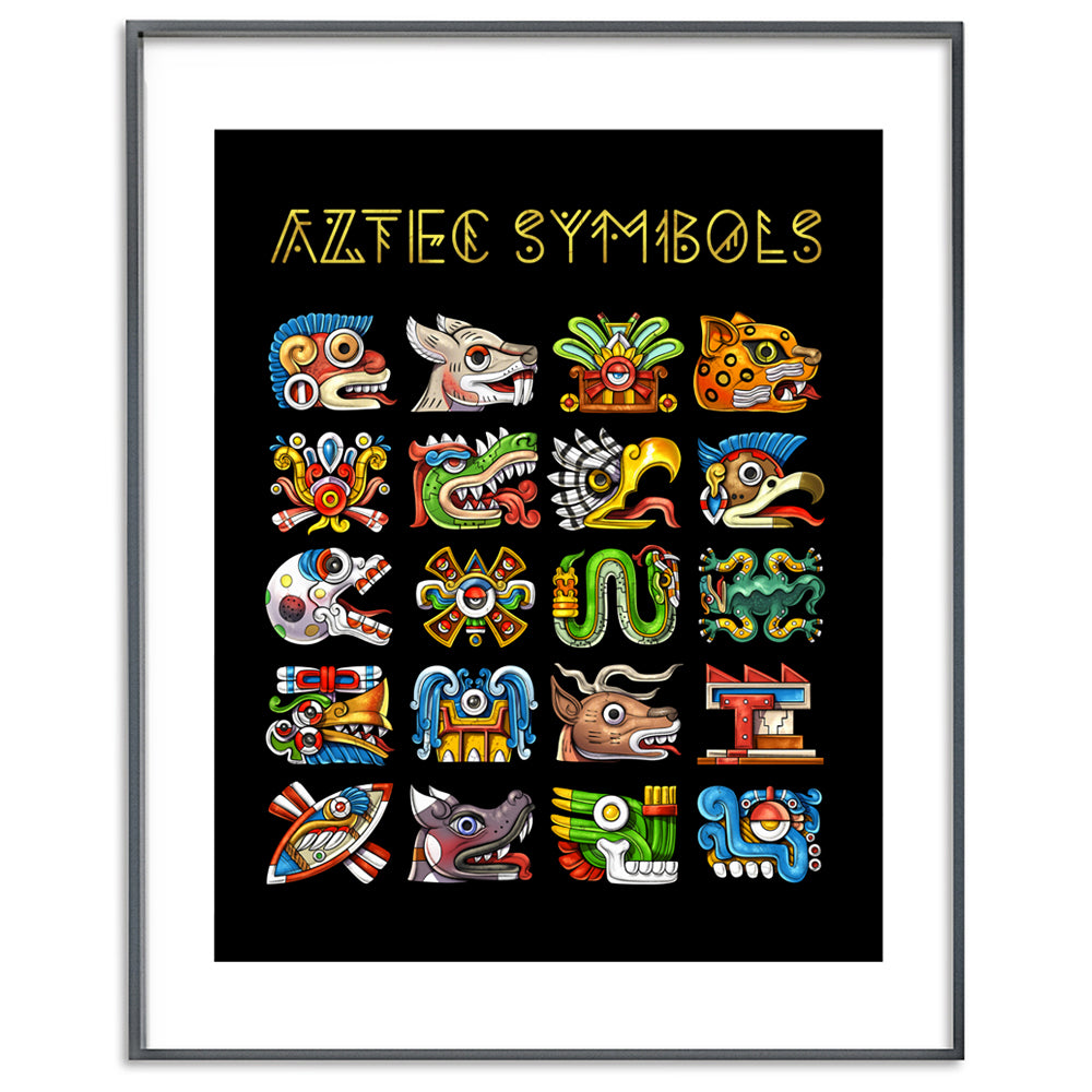 Ancient Aztec Symbols Mayan Glyphs Art Print - Serpent Sun